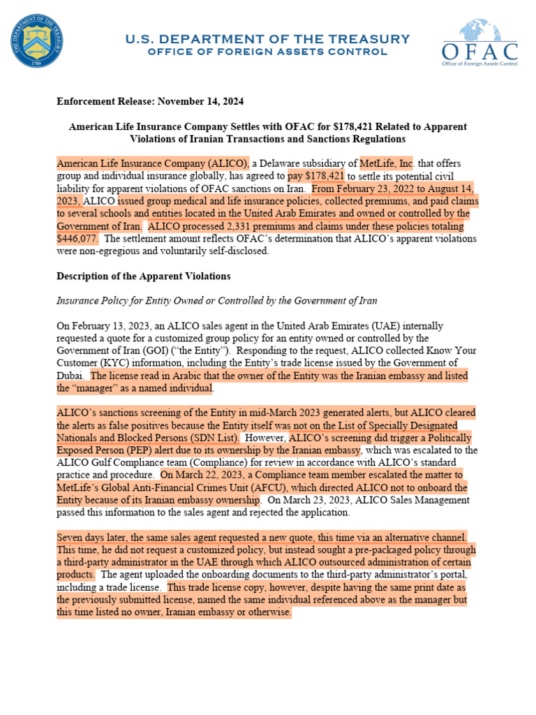 ALICO OFAC Penalty | PDF | Office Of Foreign Assets Control | Insurance
