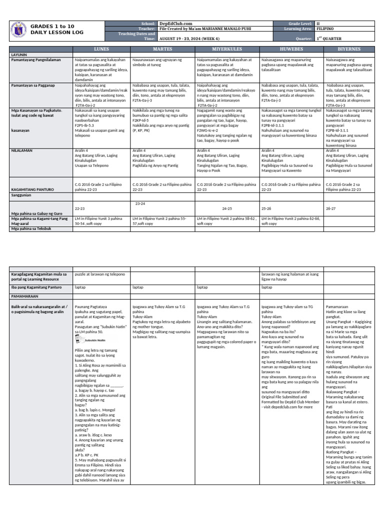 DLL - Filipino 2 - Q1 - W4 | PDF