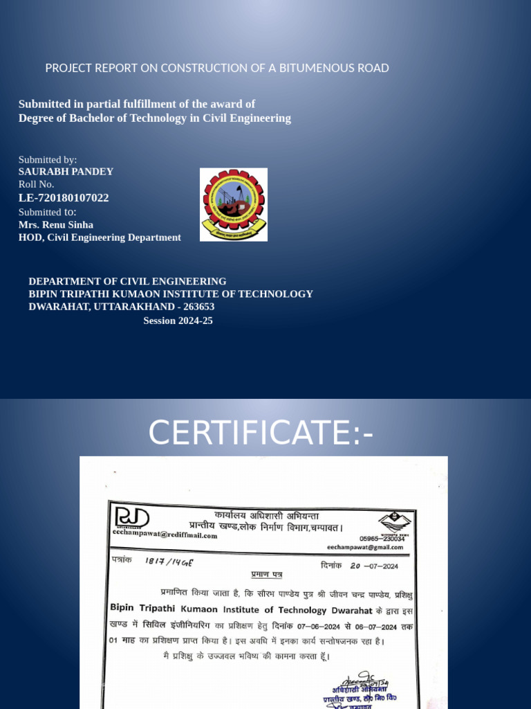 Bituminous Road Construction Project Report | PDF | Road Surface | Surveying