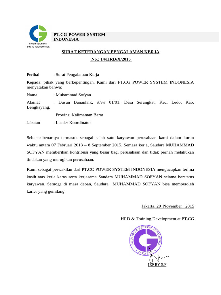 Surat Pengalaman Kerja Muhammad Sofyan | PDF | Bisnis