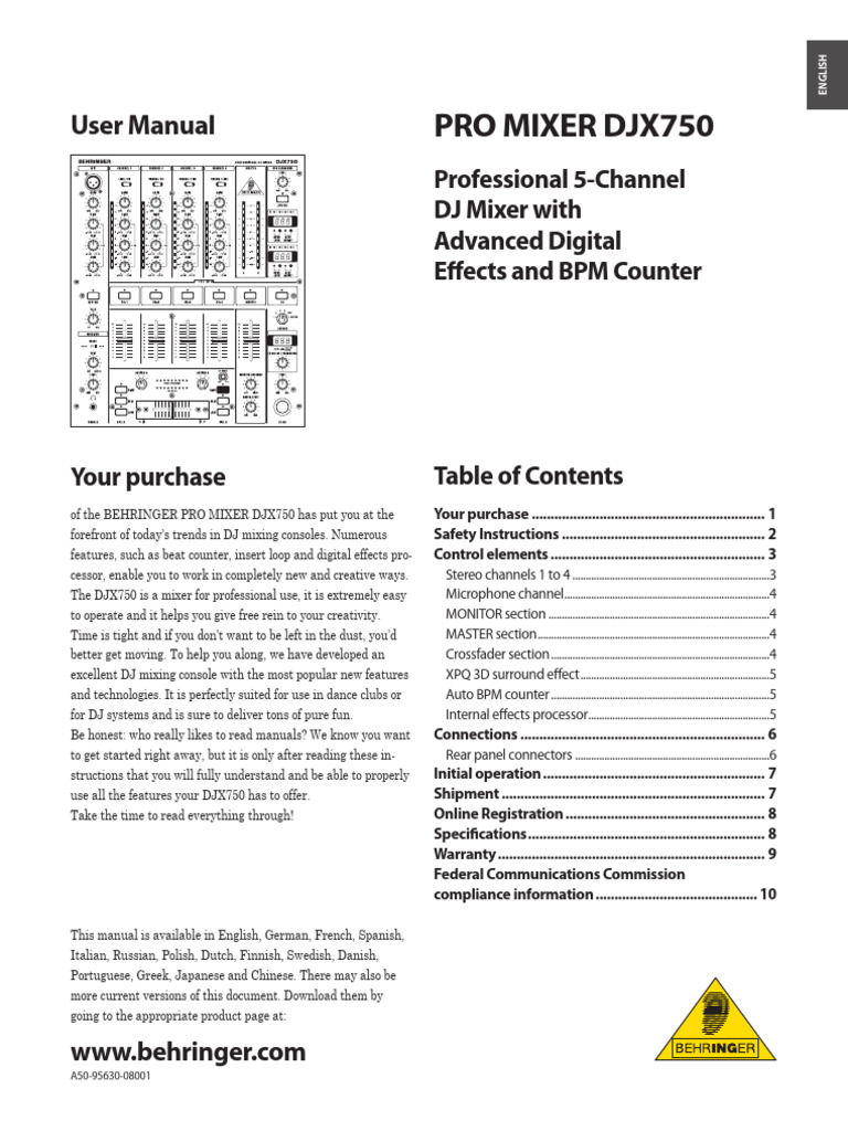 Mixer Behringer DJX-750 Manual 2024 | PDF | Microphone | Equalization (Audio)