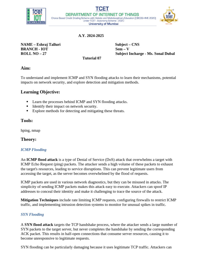 CNS Tut 7 | PDF | Denial Of Service Attack | Transmission Control Protocol