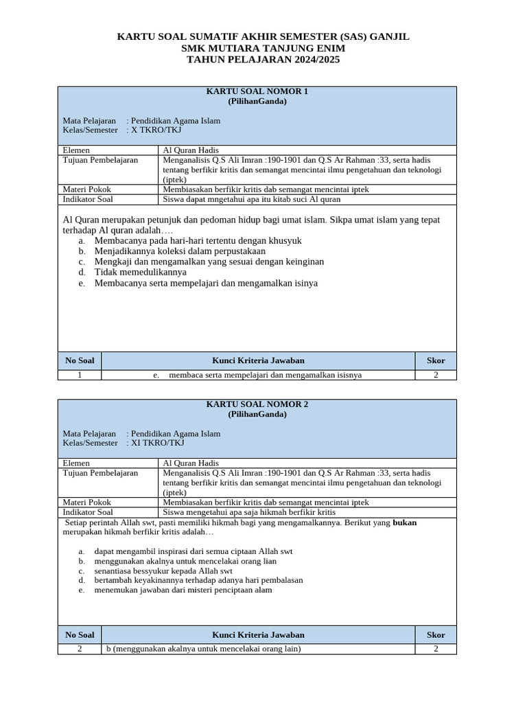 Template Kartu Soal SAS KUMER | PDF