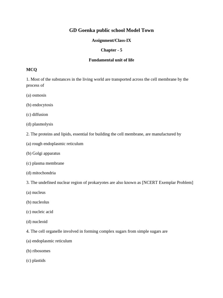 Assignment-IX-Fundamental Unit of Life | PDF | Cell Membrane | Cell (Biology)