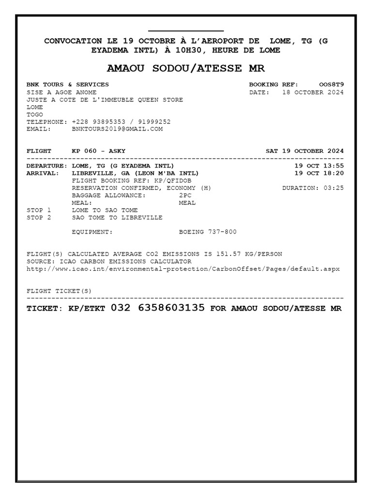 Billet D'avion de Amaou Sodou Atesse MR | PDF