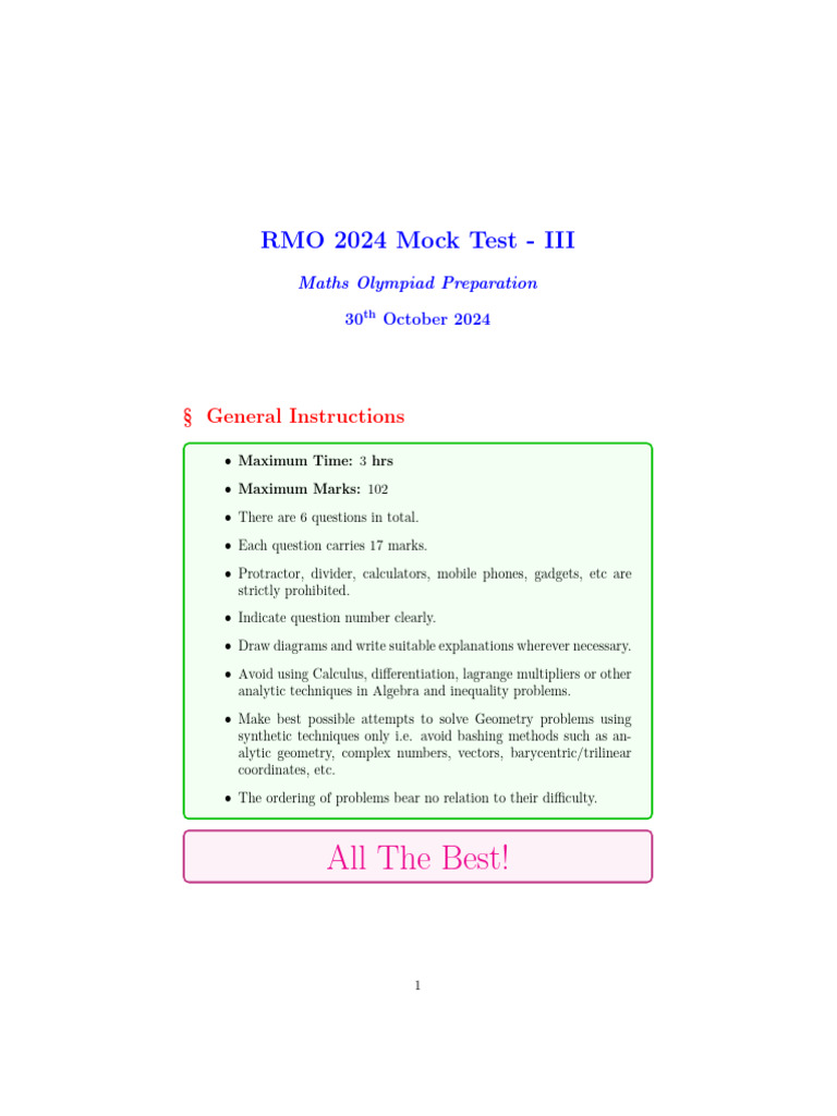 RMO 2024 Mock Test - III | PDF | Mathematics | Tangent