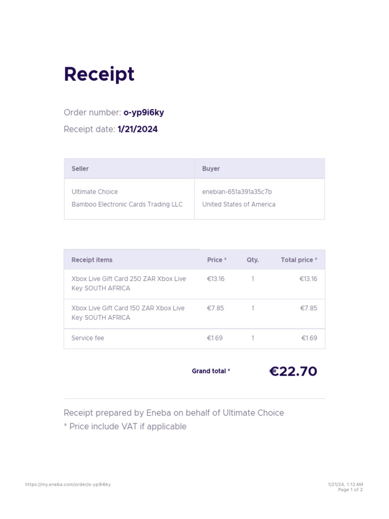 Xbox Gift Card Purchase Receipt | PDF