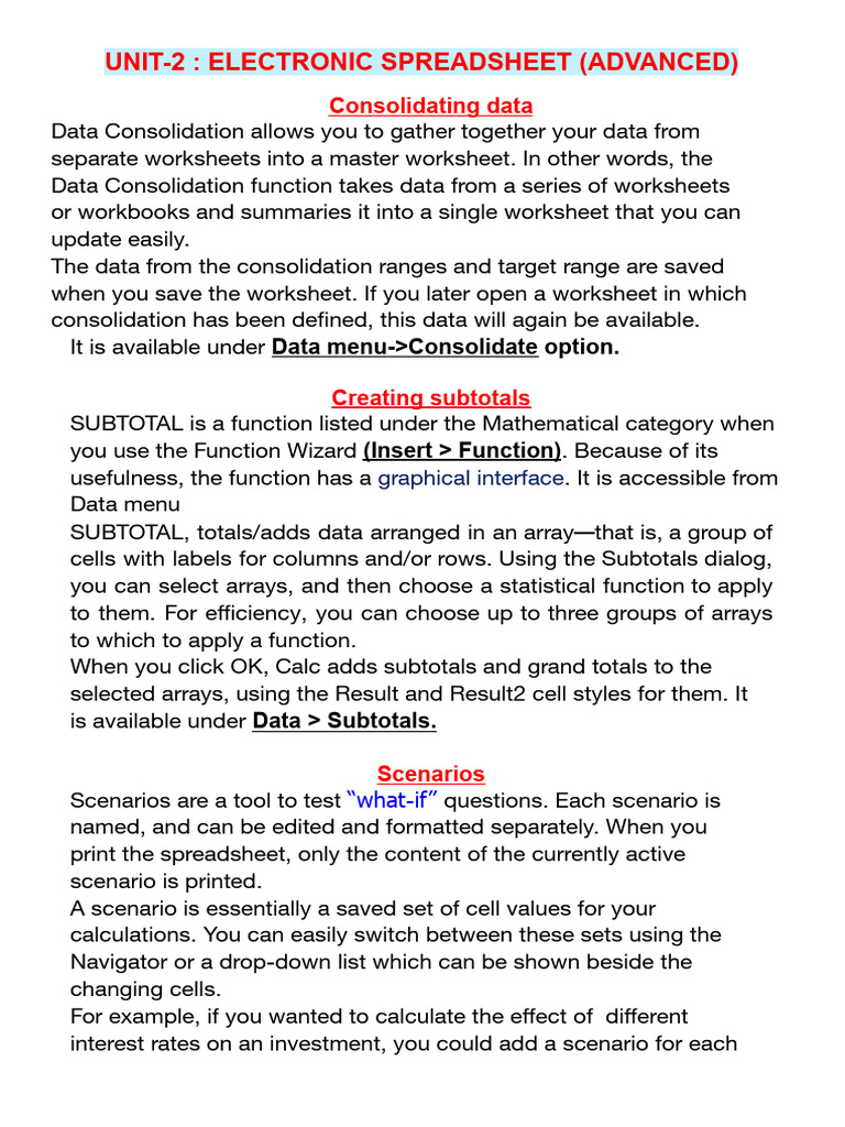 Elctronic Spredsheet 10 Notes | PDF | Spreadsheet | Worksheet