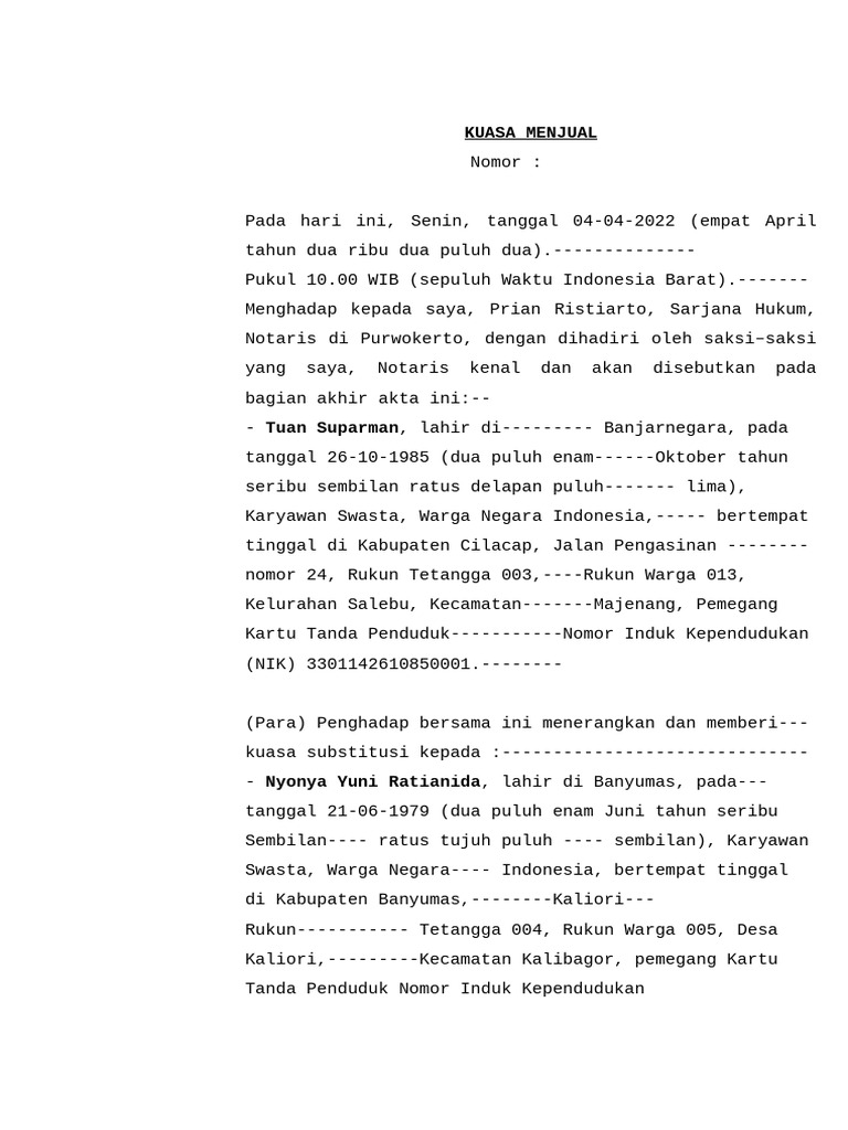 Contoh Akta Kuasa Menjual | PDF