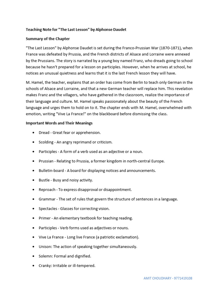 The Last Lesson-Teaching Note | PDF | Multilingualism | Verb