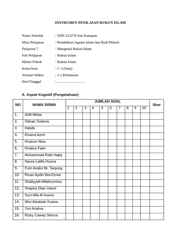 Instrumen Penilaian Kelas 1 Sem 1 | PDF