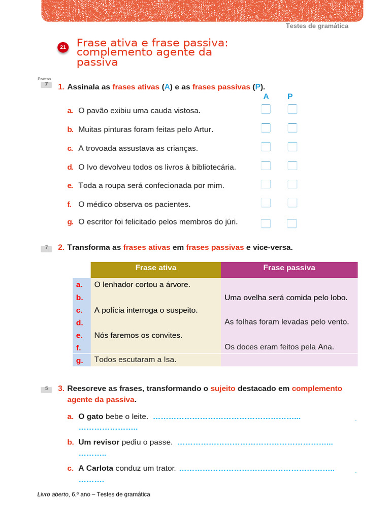 Atividade sobre Frases Ativas e Passivas | PDF