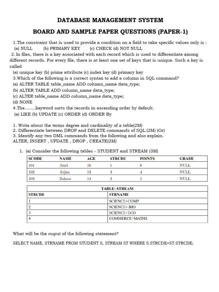 DBMS Sample Paper Questions | PDF | Table (Database) | Computer Programming