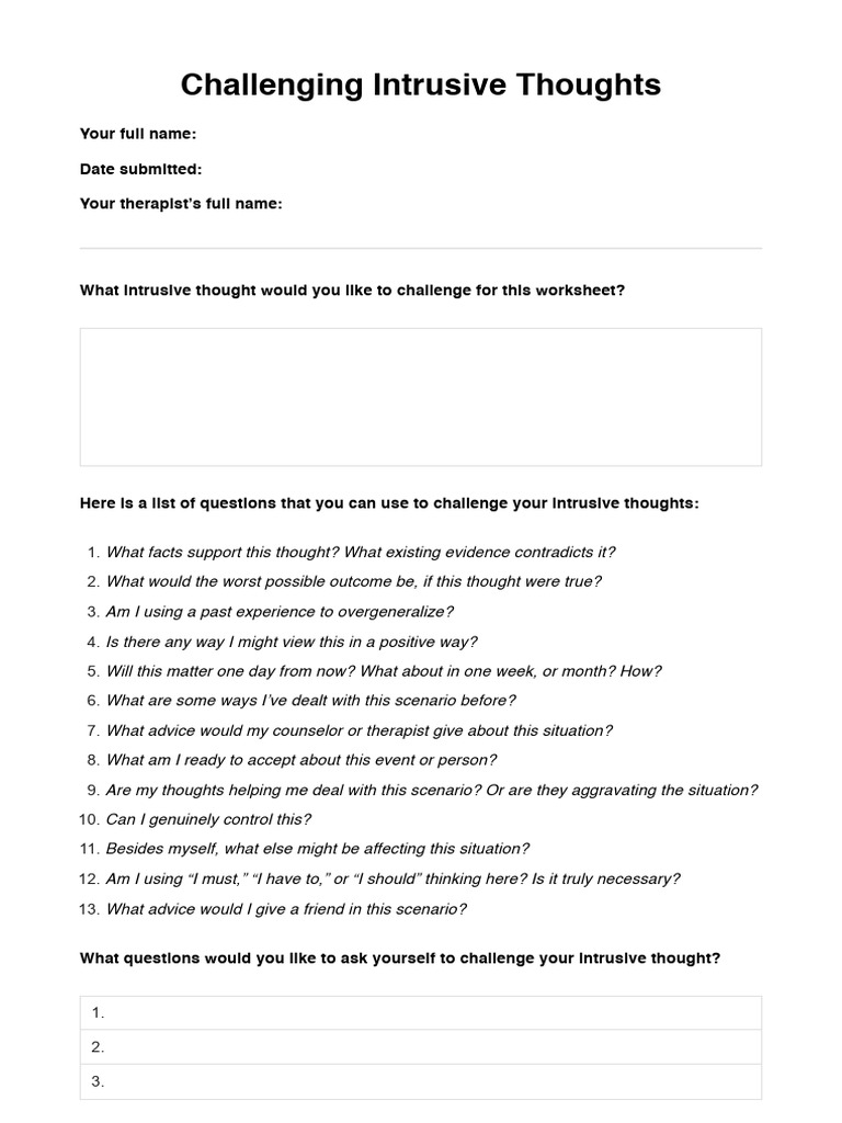 Challenging Intrusive Thoughts Worksheet | PDF