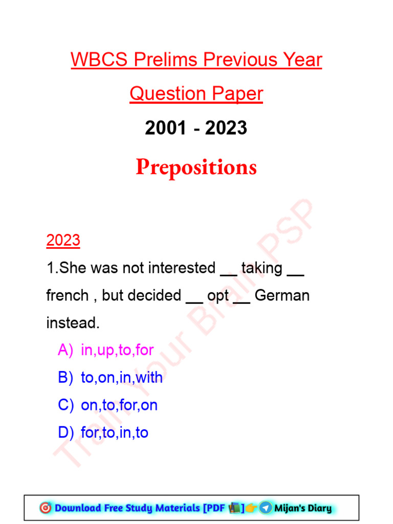 ?WBCS Prelims (2001-23) Prepositions With Answers | PDF