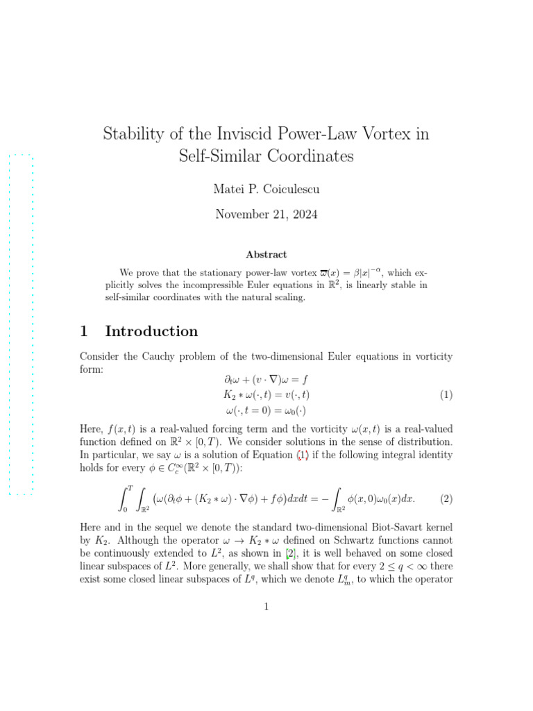 Stability of The Inviscid Power-Law Vortex in Self-Similar Coordinates ...