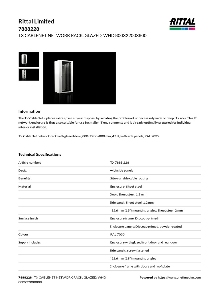 Rittal Limited: TX Cablenet Network Rack, Glazed, WHD 800X2200X800 ...