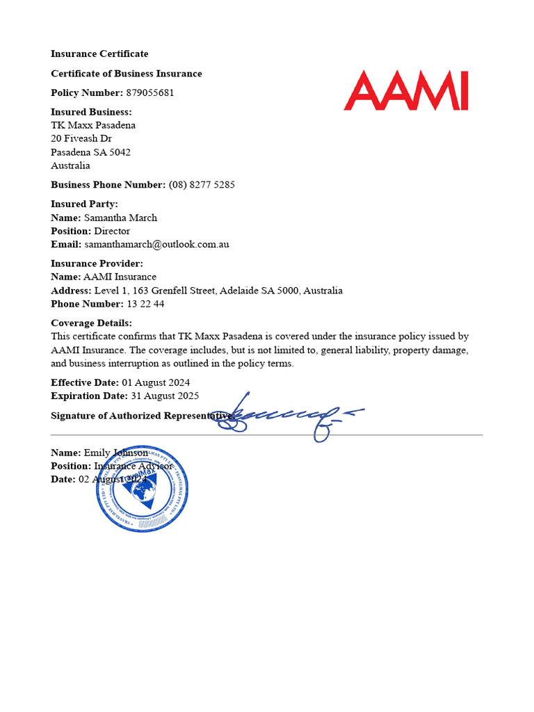 Insurance Certificate AAMI (SA) | PDF