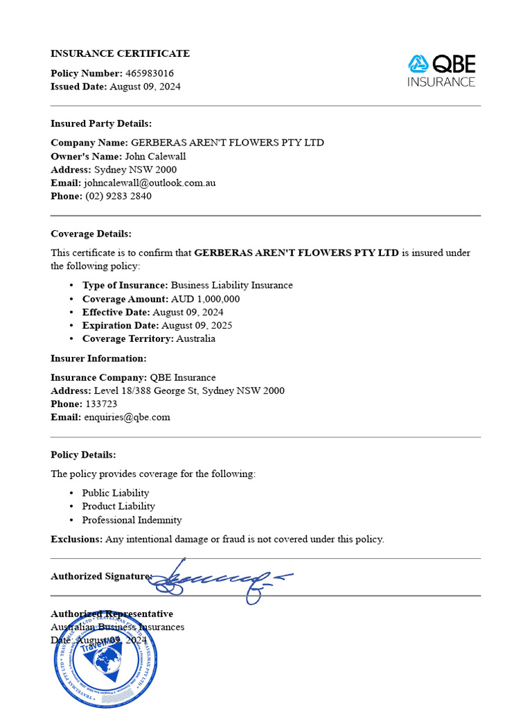 Business Liability Insurance Certificate | PDF