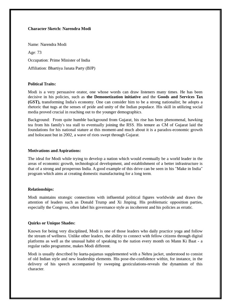 Shreya Sriram Narendra Modi Character Sketch Day 1 Task 1 | PDF ...