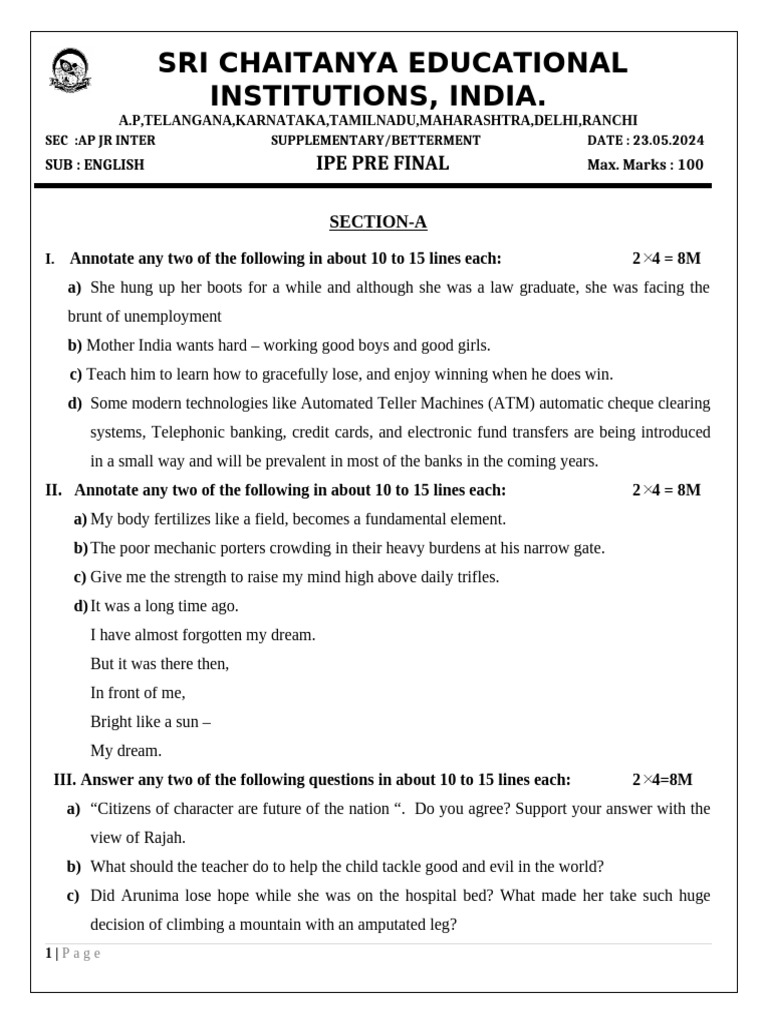 23-05-2024 - Ap - JR Inter - English - Ipe Supplementary & Betterment-Pre Final - QP | PDF ...