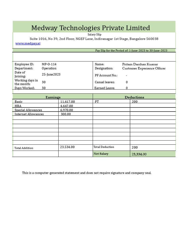 June-Salary Slip - Pritam Darshan - 2023 | PDF