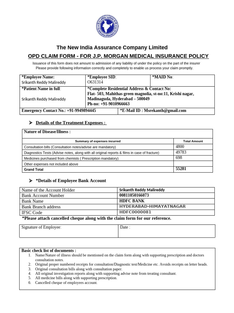 OPD Claim Form | PDF | Medical Prescription | Health Care