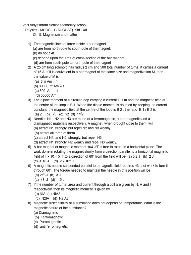 Ch.5. MCQS - 1 (7824) | PDF | Magnetism | Magnet