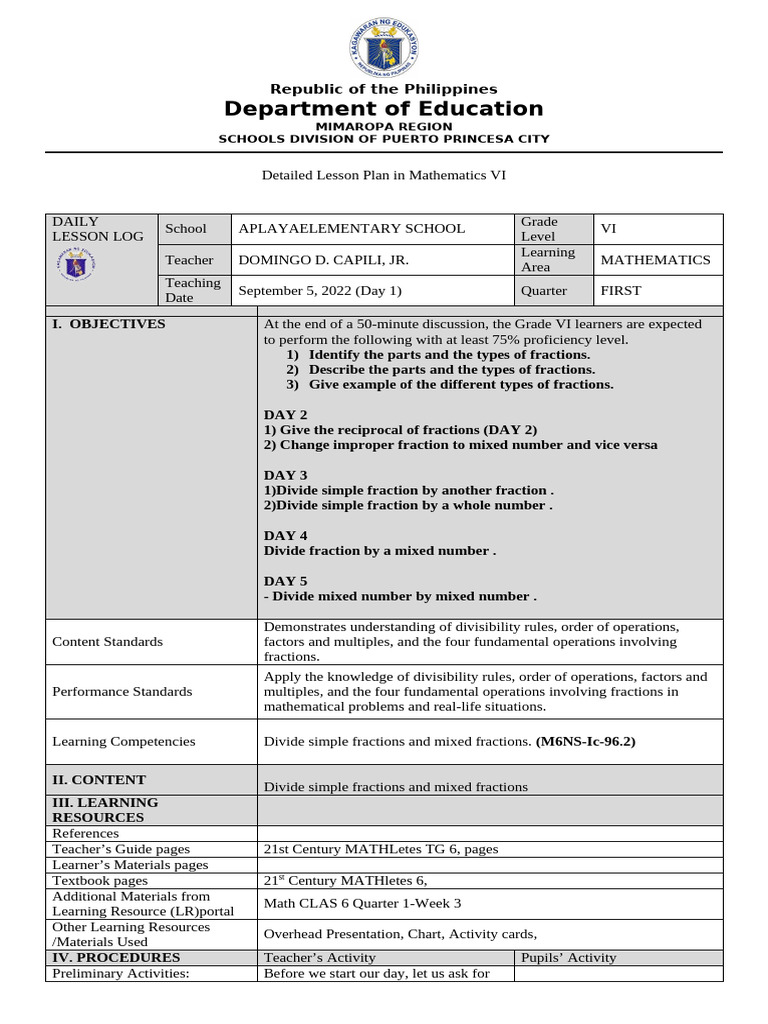 LESSON PLAN Critiquing Dividing Fractions | PDF | Behavior Modification ...