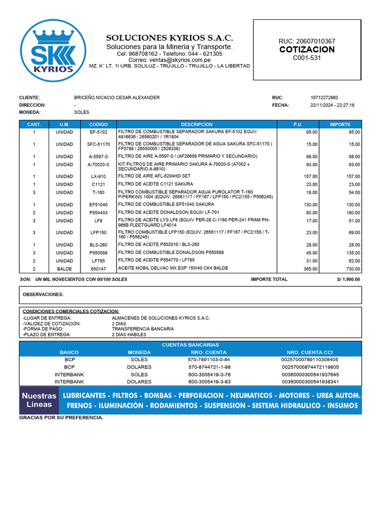 Cotizacion C001 531 20241122 | PDF | Bancario