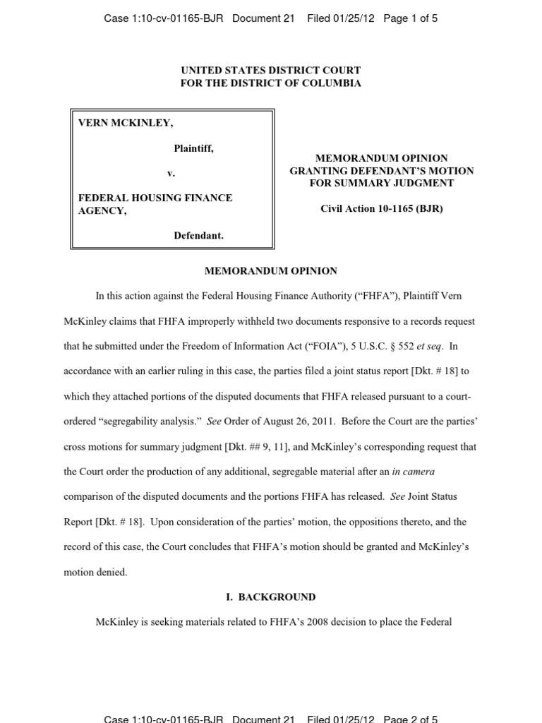 McKinley V FHFA US District Judge Rothstein Opinion (Lawsuit #4) | PDF ...