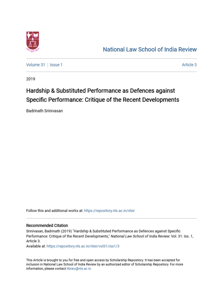 Hardship & Substituted Performance As Defences Against Specific P | PDF ...