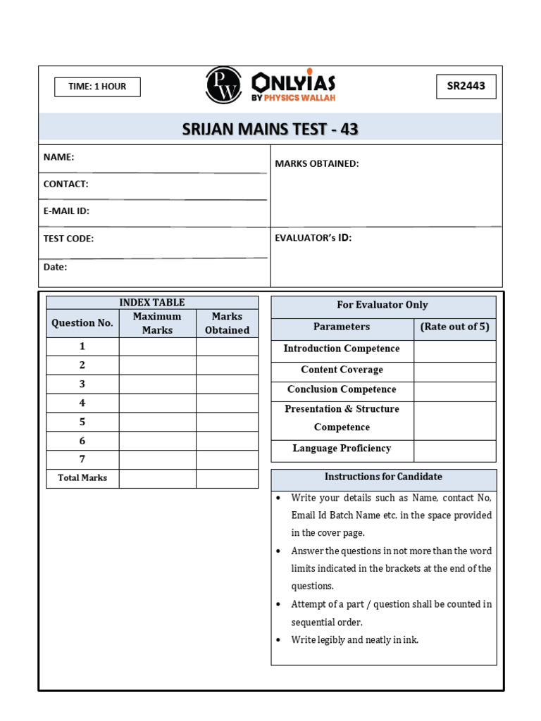 Mains Test 43 Questions 66c49b73ea34f2d9cae3aa19 | PDF