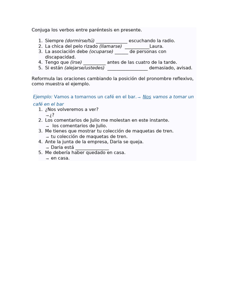 Ejercicios Pronombres Reflexivos | PDF | Estudios de idiomas extranjeros