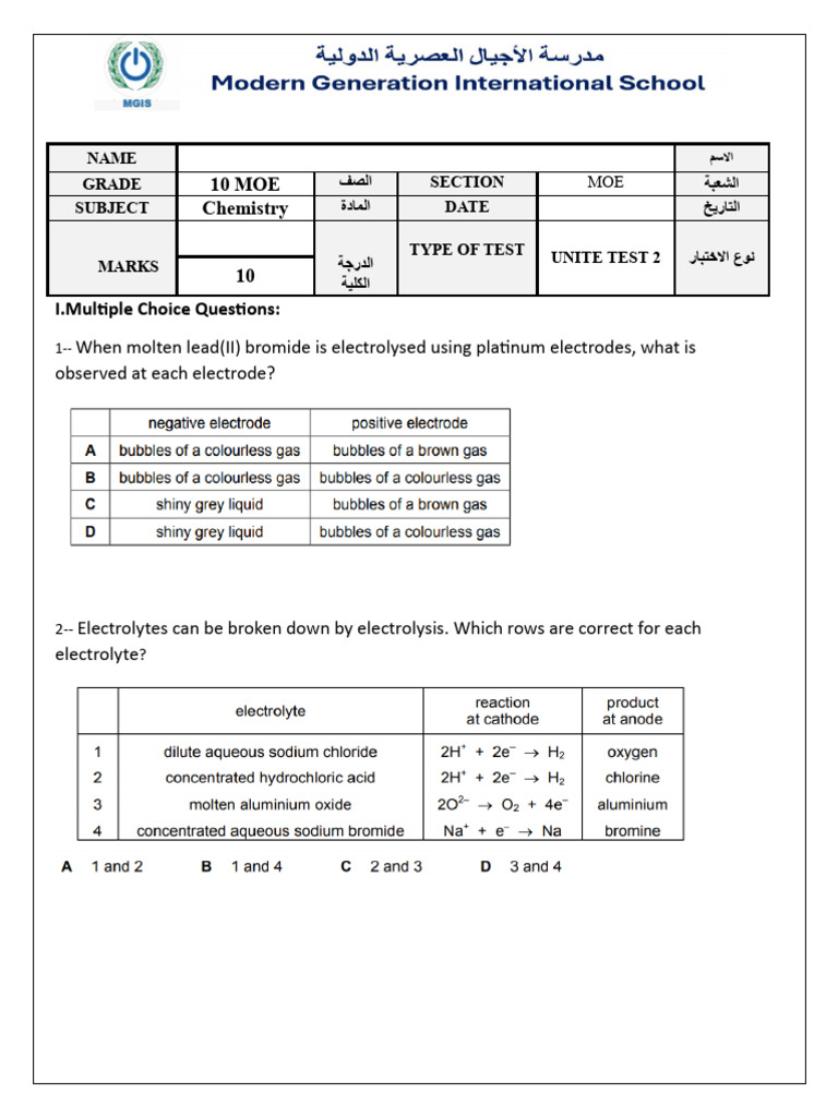 G10 UNITE - Chem - MOE Test 1 | PDF
