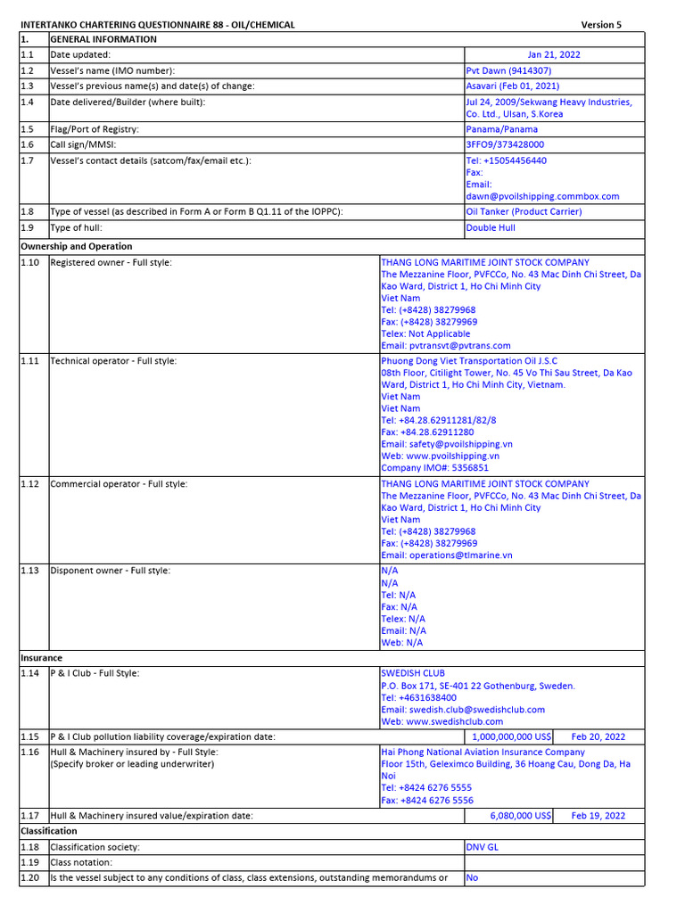 PVT Dawn - Q88 Oil Chemical - 21jan2022 | PDF | Tonnage | Oil Tanker