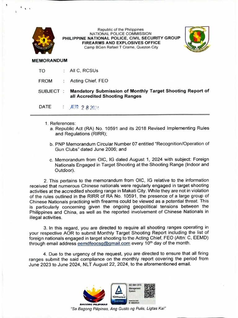 (FEO-EEMD) Mandatory Submission of Monthly Target Shooting Report of ...