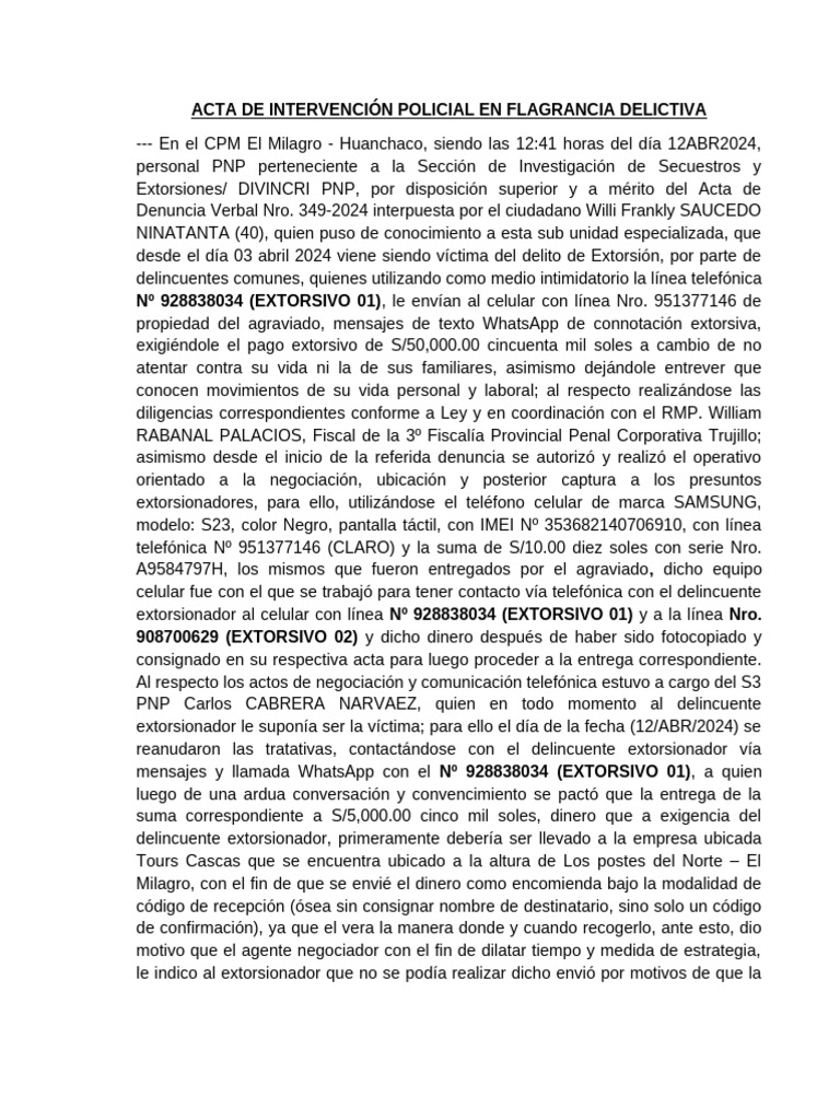 Acta de Intervención Policial en Flagrancia Delictiva | PDF | Derecho penal | Crímenes