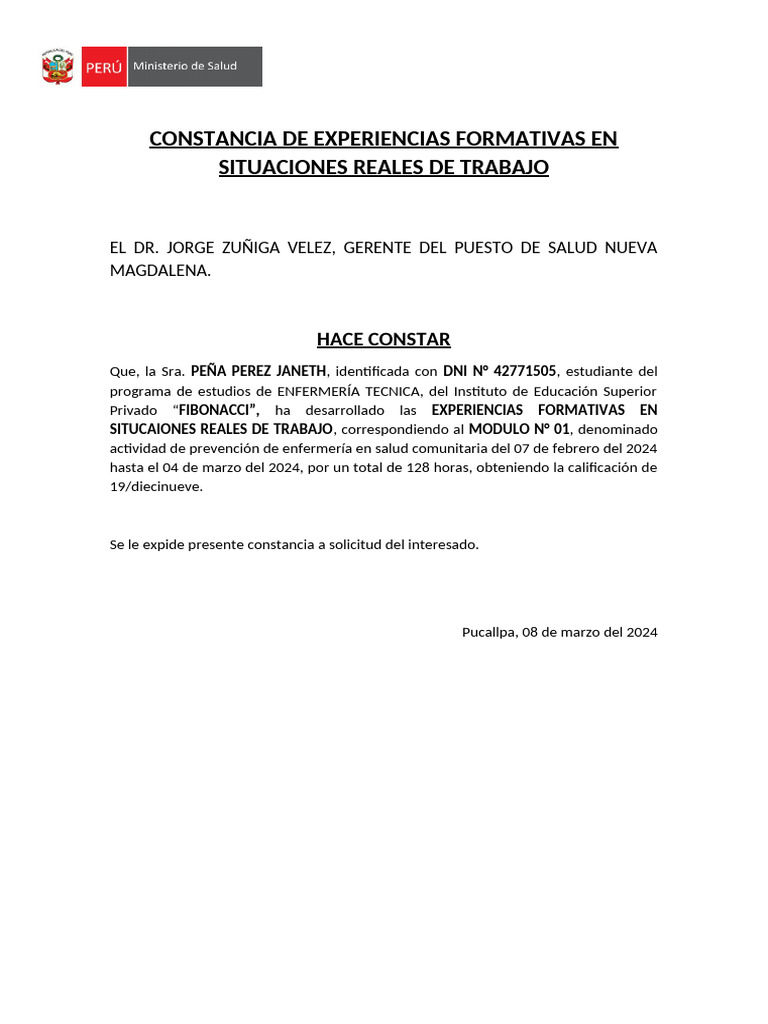 Constancia de Experiencias Formativas en Situaciones Reales de Trabajo | PDF