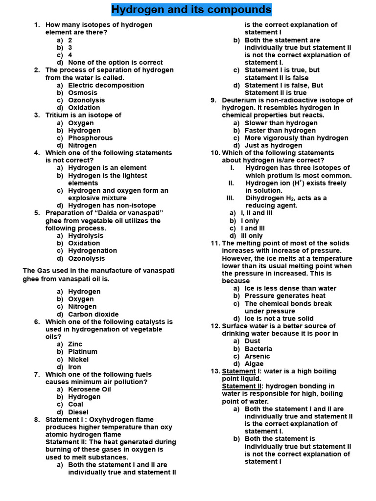 Hydrogen and Its Compounds NDA | PDF | Water | Hydrogen