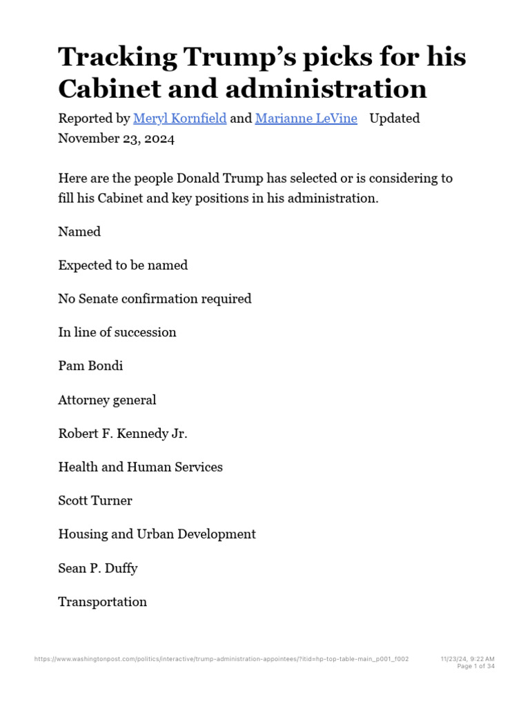 Trump's Cabinet Picks for 2024 | PDF | Donald Trump | American Government