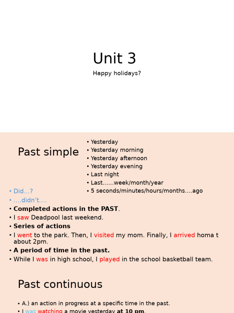 Unit 3 Happy Holidays Past Tenses Past Perfect Continuous | PDF ...