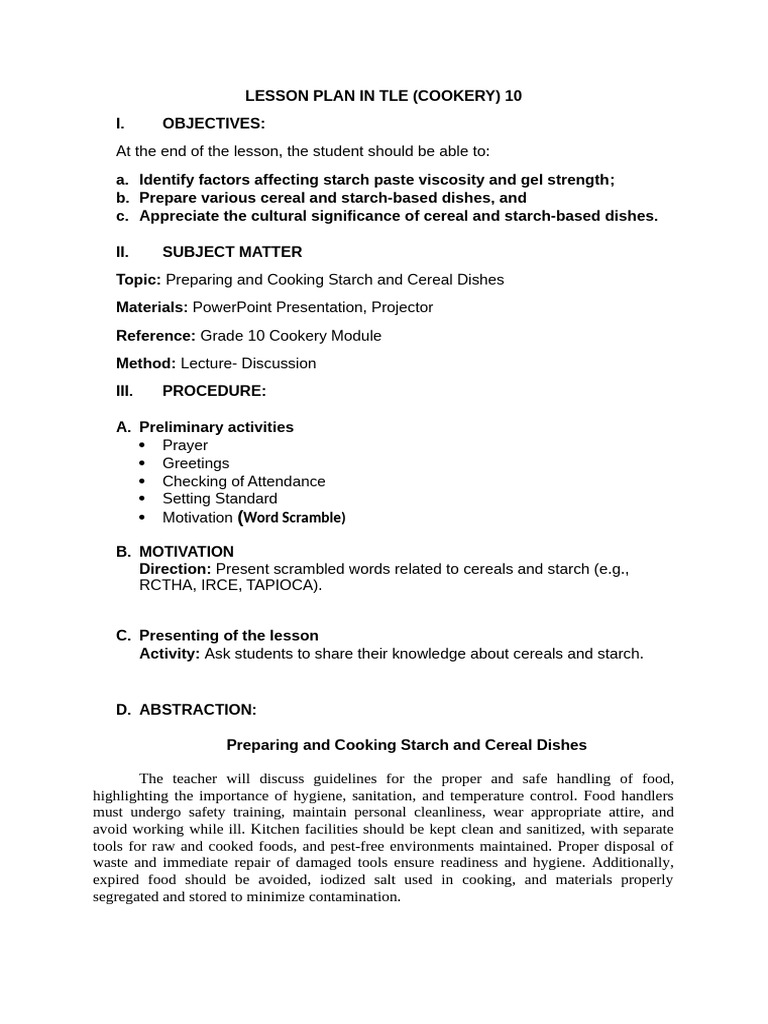 Lesson Plan in Prepare AND COOK STARCH DISHES | PDF | Cooking | Food Safety