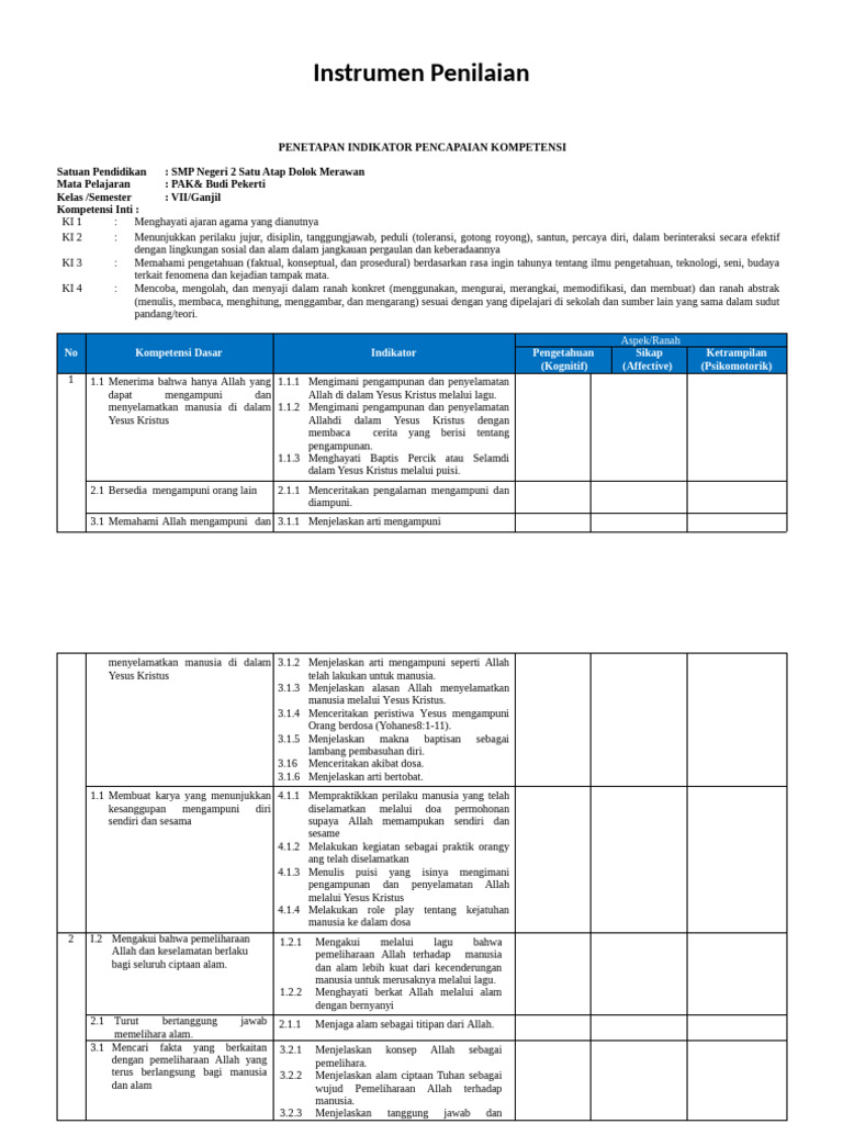 Instrumen Penilaian 2018 Sem 1 | PDF