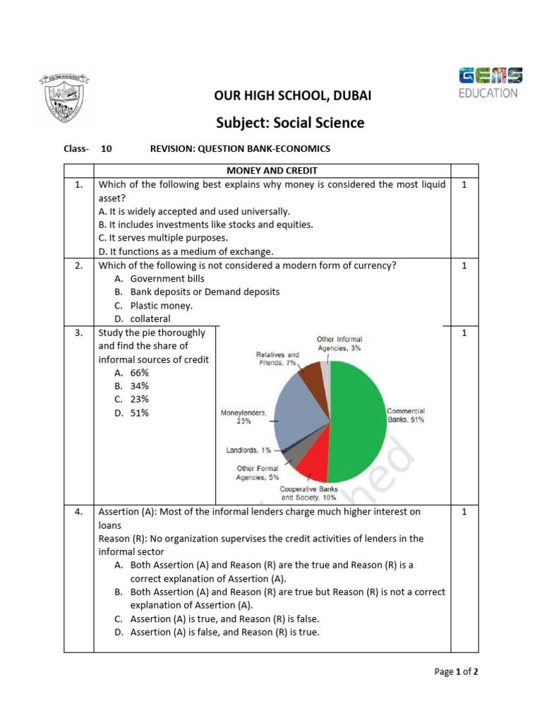 REVISION WORKSHEET-GR-10-Money & Credit - Questions | PDF | Reserve ...