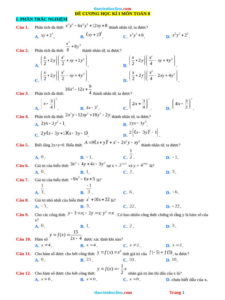 De Cuong On Tap HK1 Toan 8 Canh Dieu | PDF