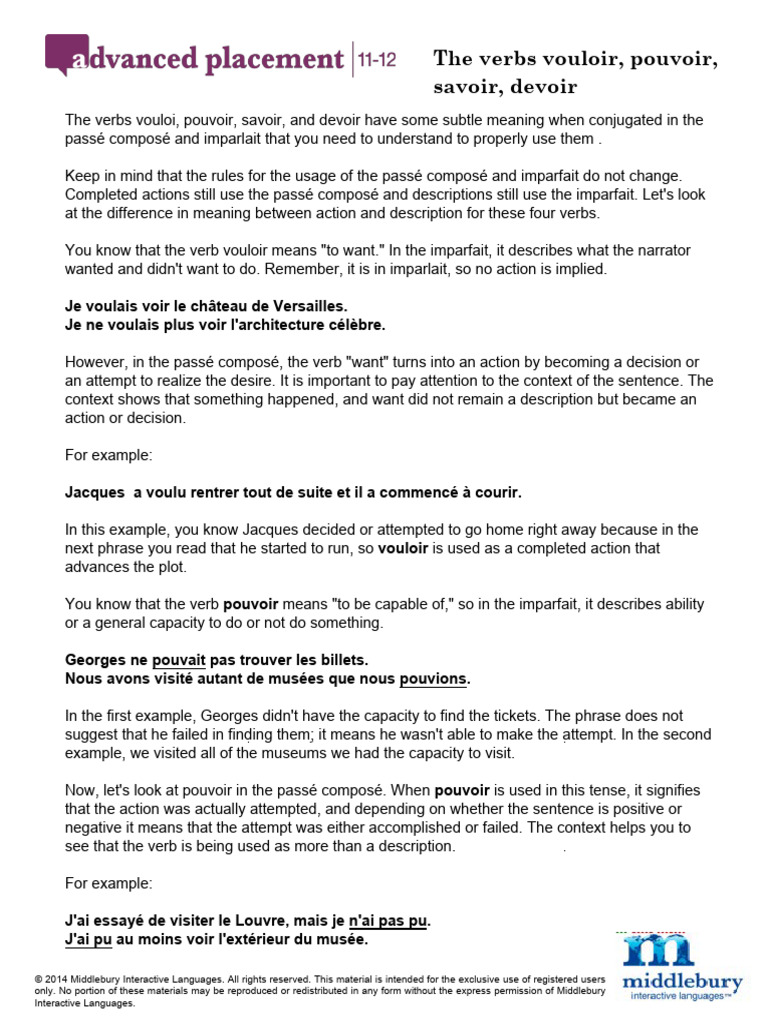 The Verbs Vouloir, Pouvoir, Savoir, Devoir | PDF | Linguistic ...