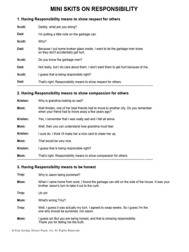 Mini Skits On Responsibility | PDF | Cooking, Food & Wine | Self ...