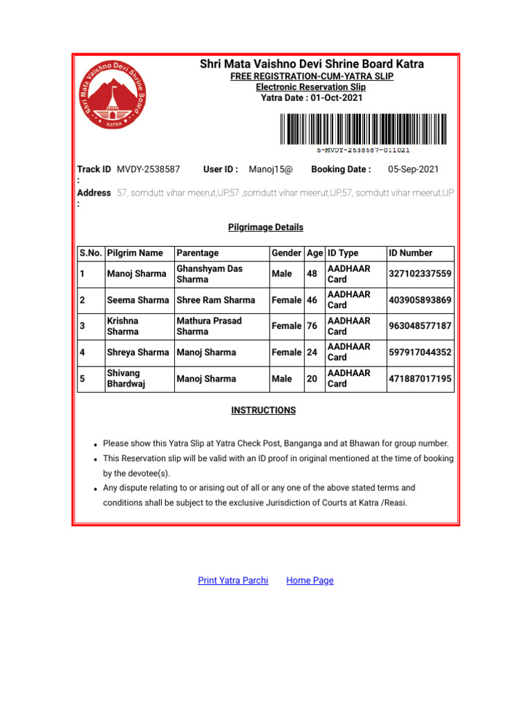Yatra Parchi Mata Vaishno Devi | PDF