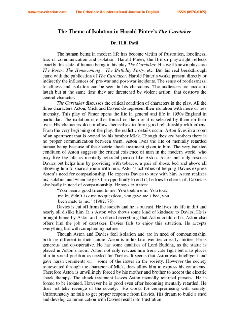 The Theme of Isolation in Harold Pinter's The Caretaker | PDF